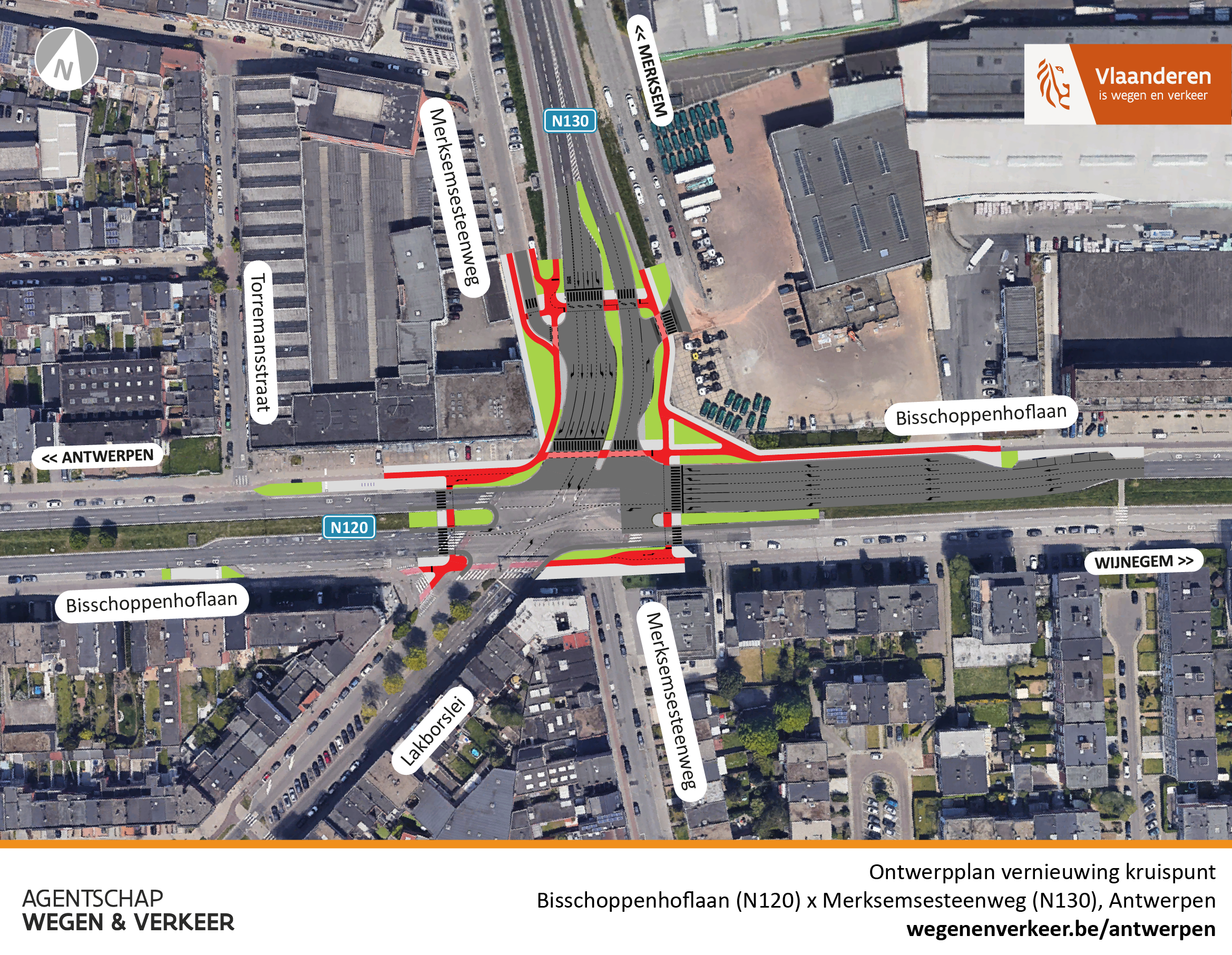 Heraanleg kruispunt Bisschoppenhoflaan met Merksemsesteenweg en Lakborslei | Wegen en verkeer